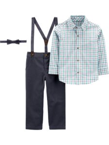 simple joys by carter's baby boys' 4-piece special occasion bow-tie and suspender pants set, charcoal/green grey checked/navy dots, 3t