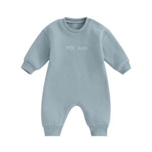 twopumpkin newborn baby boy warm sweatshirt onesie romper long sleeve fleece sweater jumpsuit winter snow outfit clothes (warm fleece little dude blue, 6-12 months)