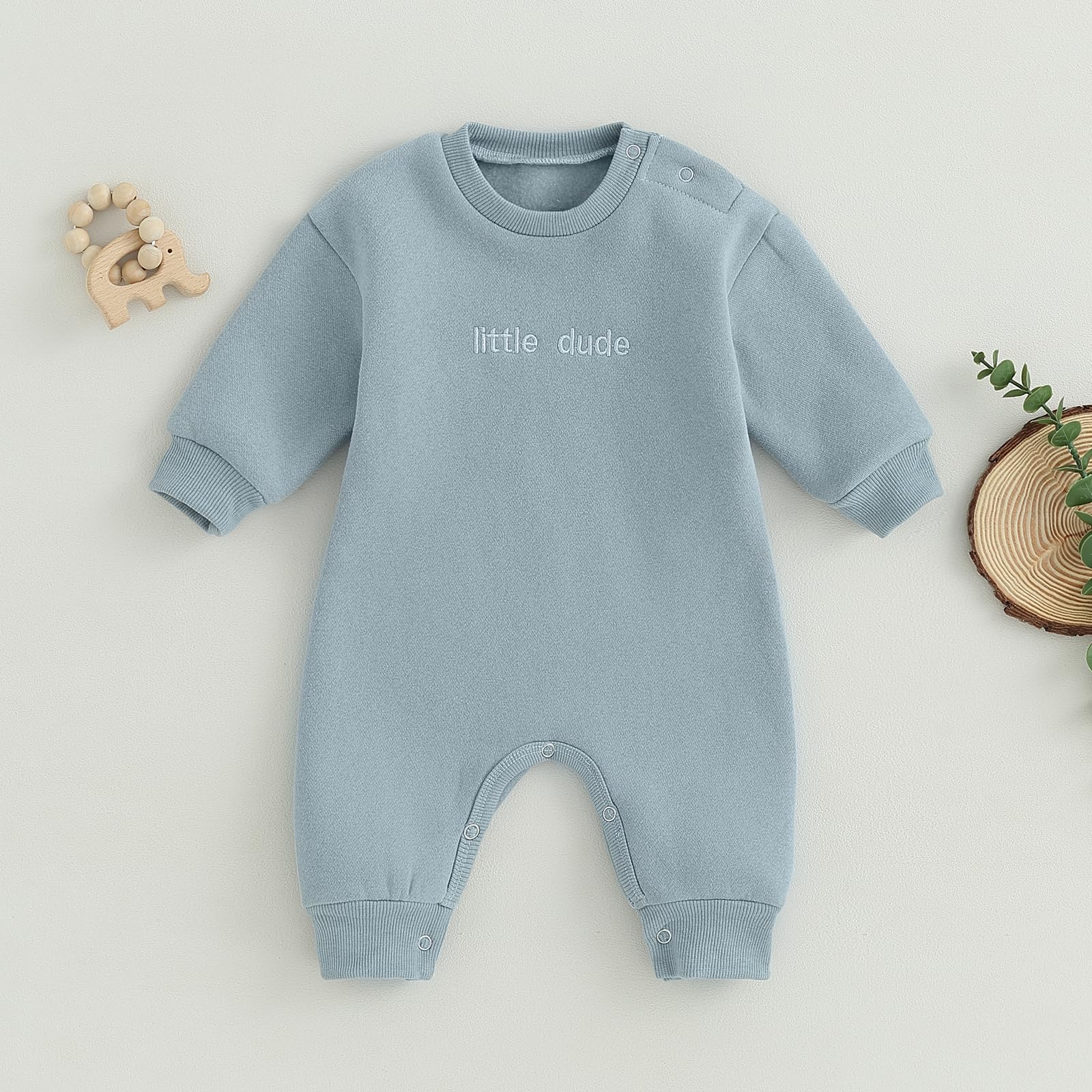 Twopumpkin Newborn Baby Boy Warm Sweatshirt Onesie Romper Long Sleeve Fleece Sweater Jumpsuit Winter Snow Outfit Clothes (Warm Fleece Little Dude Blue, 6-12 Months)