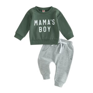 jlkgicf fall winter baby boys clothes long sleeve mama's boy print sweatshirt+elastic sweatpants toddler infant outfit set (dark green gray4, 0-6 months)