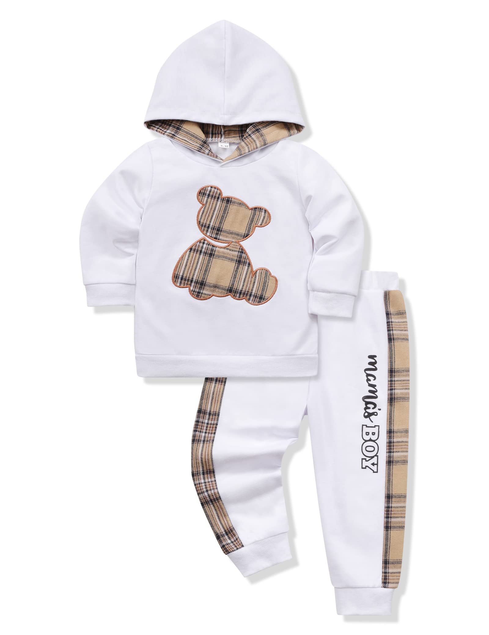 Yoxindax Toddler Baby Boy Clothes Outfits Plaid Bear Long Sleeve Hoodie Sweatshirt Patchwork Pants Fall Winter Clothes for Boys(4-5t)