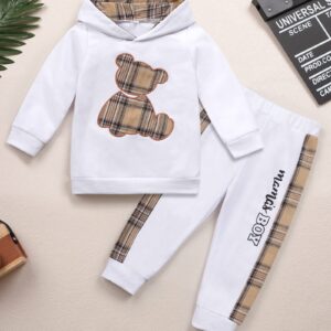 Yoxindax Toddler Baby Boy Clothes Outfits Plaid Bear Long Sleeve Hoodie Sweatshirt Patchwork Pants Fall Winter Clothes for Boys(4-5t)