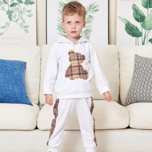 Yoxindax Toddler Baby Boy Clothes Outfits Plaid Bear Long Sleeve Hoodie Sweatshirt Patchwork Pants Fall Winter Clothes for Boys(4-5t)