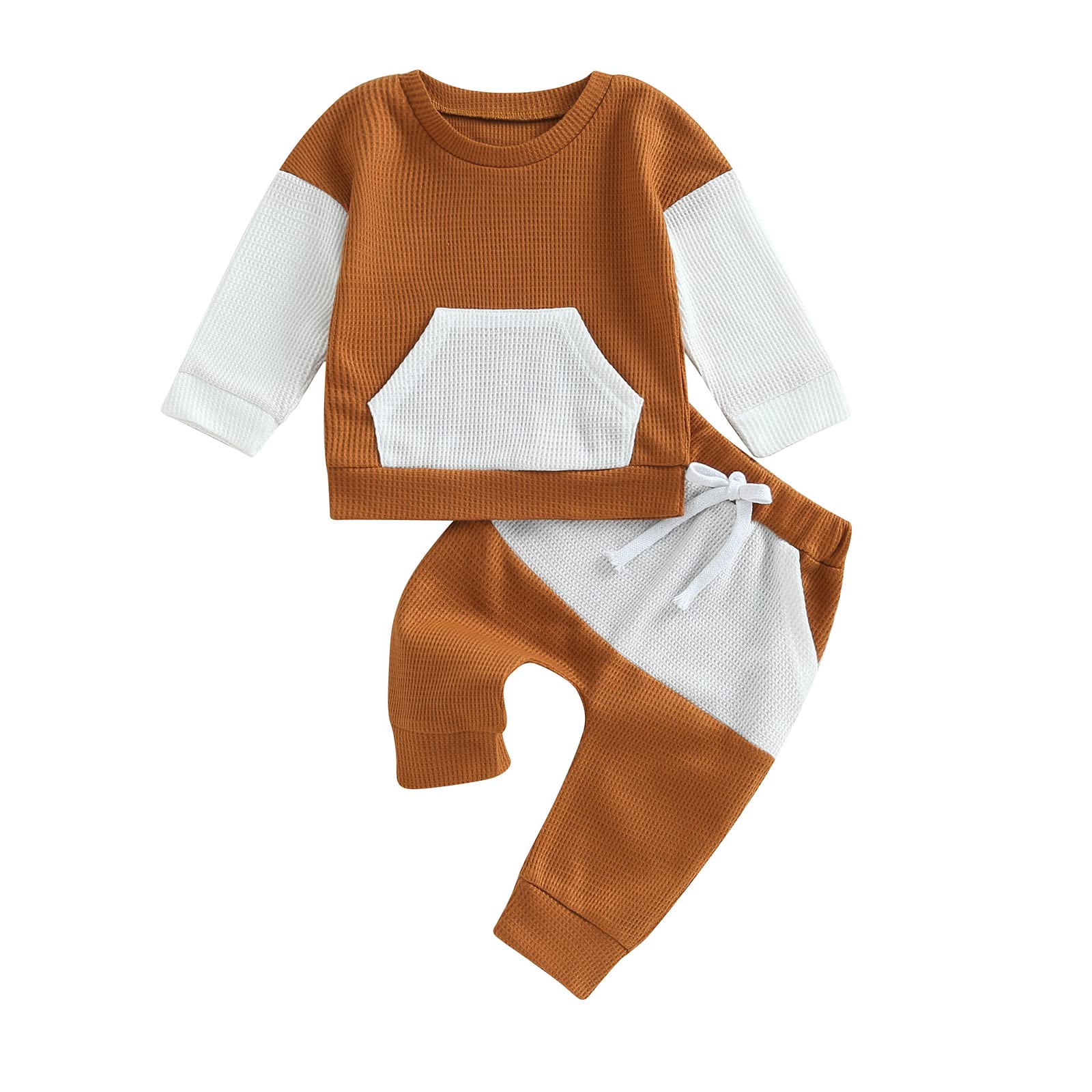 MERSARIPHY Infant Baby Fall Outfits Baby Boy Girl Clothes Set Baby Waffle Sweatshirt Long Pants with Pockets (Brown, 18-24 Months)