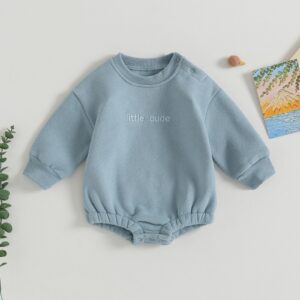 VISGOGO Baby Boy Oversized Sweatshirt Romper Solid Long Sleeve Little Dude Romper Sweater Onesie Top Fall Clothes (Blue, 0-3 Months)