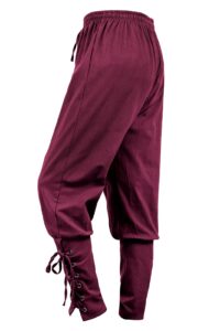 men's ankle banded cuff renaissance pants medieval viking navigator trousers pirate cosplay costume with drawstrings wine red-2xl