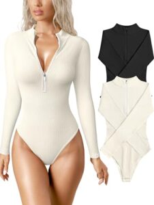 oqq women's 2 piece bodysuits sexy ribbed one piece zip front long sleeve tops bodysuits black beige