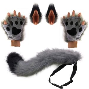 haoan wolf fox tail clip ears and gloves set halloween christmas fancy party costume toys gift for women and man gray