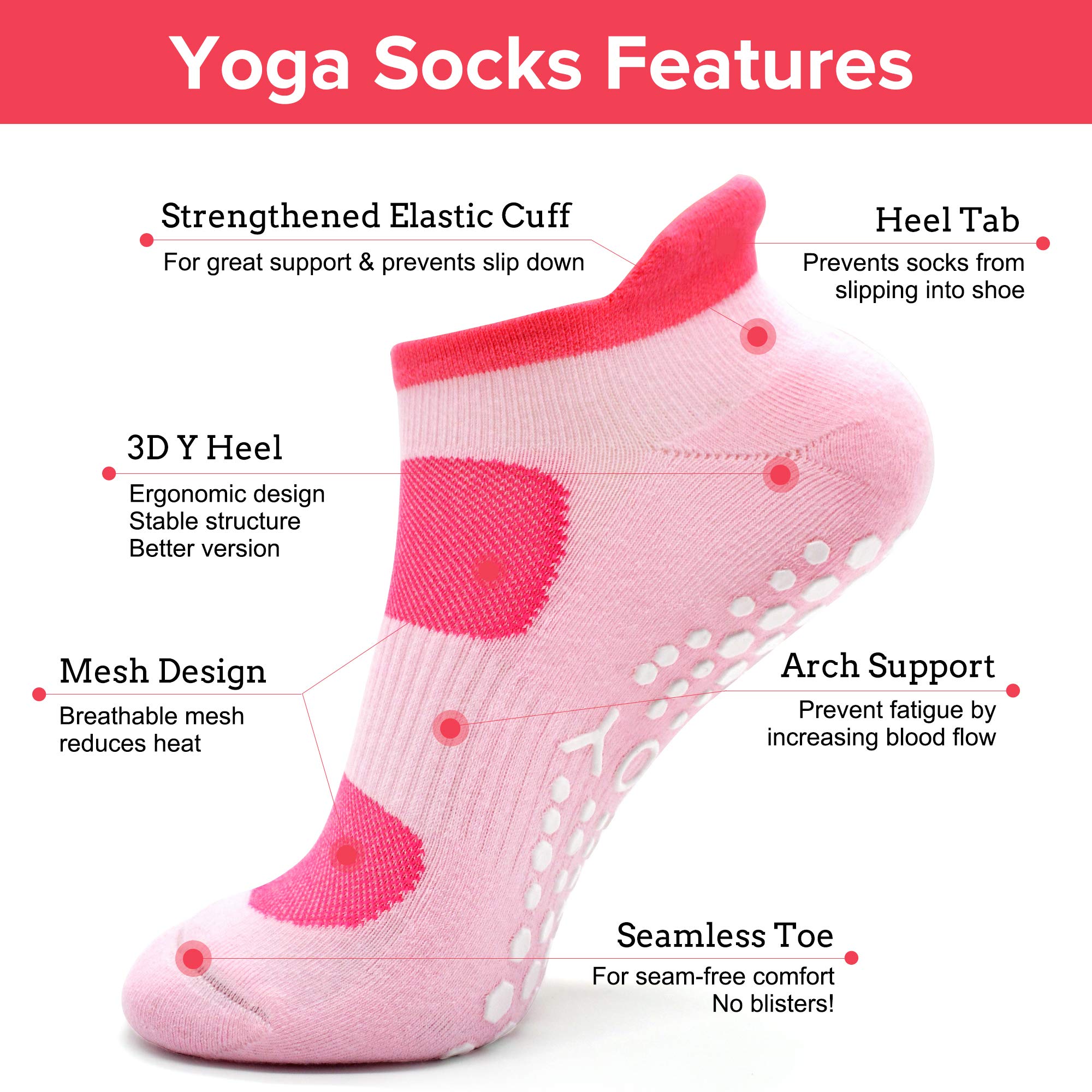 Busy Socks Trampoline Yoga Grip Socks for Women Non Slip, Pilates Althletic Moisture Wicking Slipper Socks for Kickboxing,2 Pairs,Pink