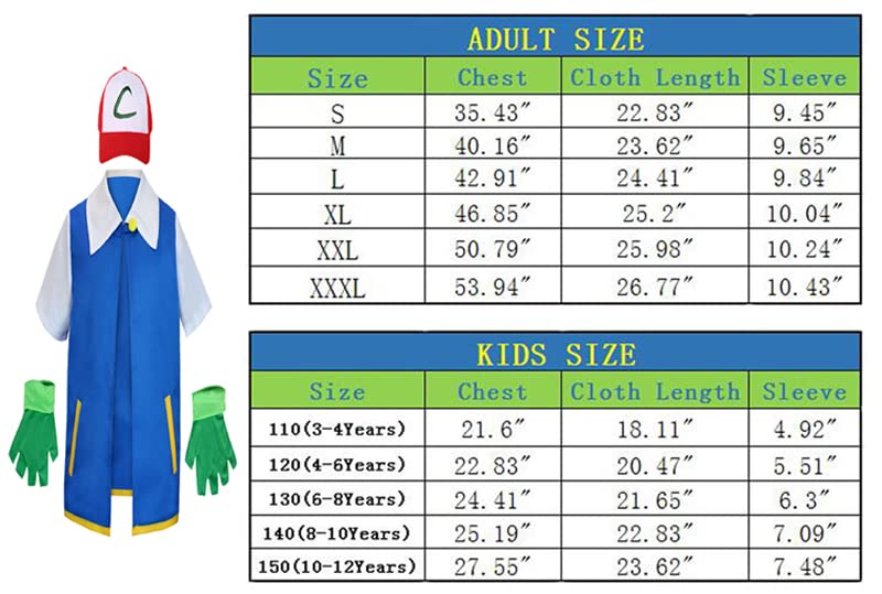 SUXIA Anime Trainer Costume Halloween Cosplay Jacket Gloves Hat Set (120(4-6Years), blue)