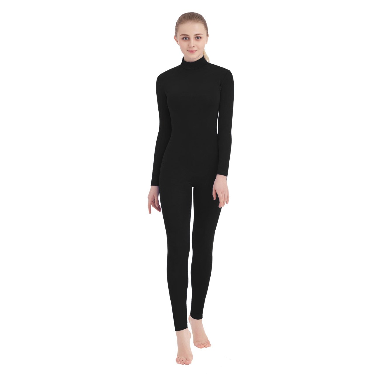 SUPRNOWA Full Body Unitard Turtleneck Spandex Footless Long Sleeve Bodysuit Unisex (Medium, Black)