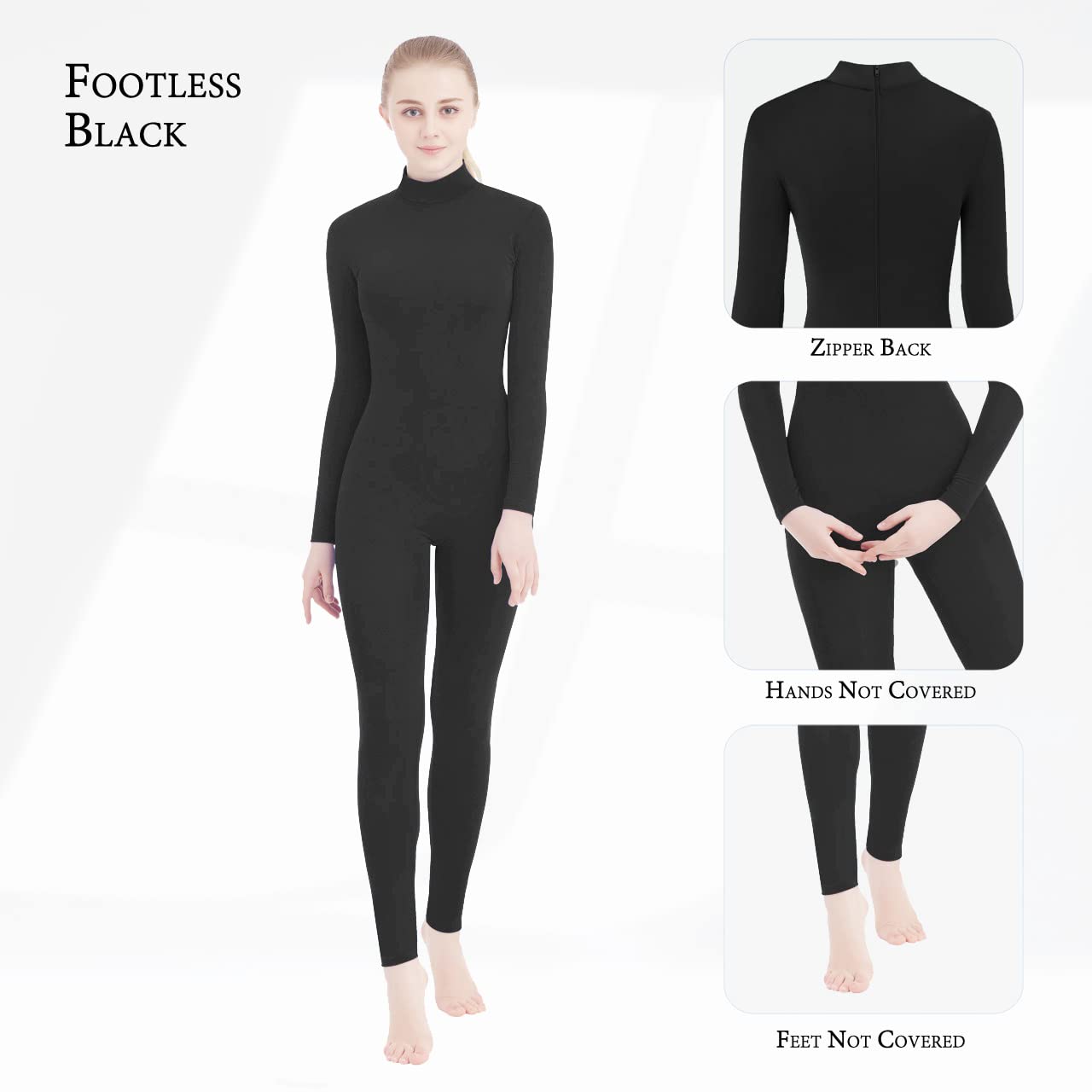 SUPRNOWA Full Body Unitard Turtleneck Spandex Footless Long Sleeve Bodysuit Unisex (Medium, Black)