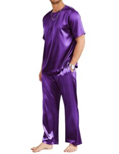 ekouaer men satin pajamas set round neck short sleeve night shirt long pants with elastic waistband silk pj set purple small