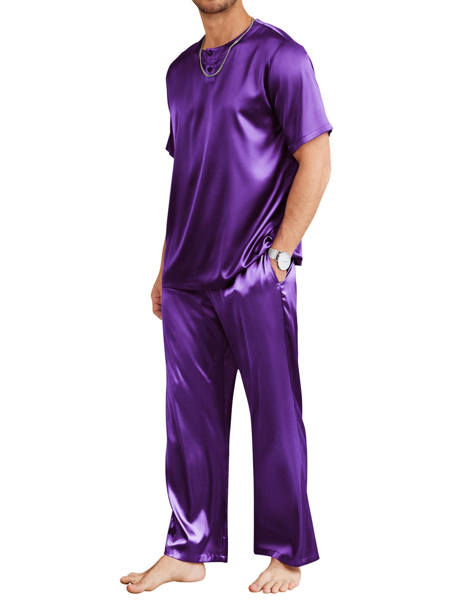 Ekouaer Men Satin Pajamas Set Round Neck Short Sleeve Night Shirt Long Pants with Elastic Waistband Silk Pj Set Purple Small