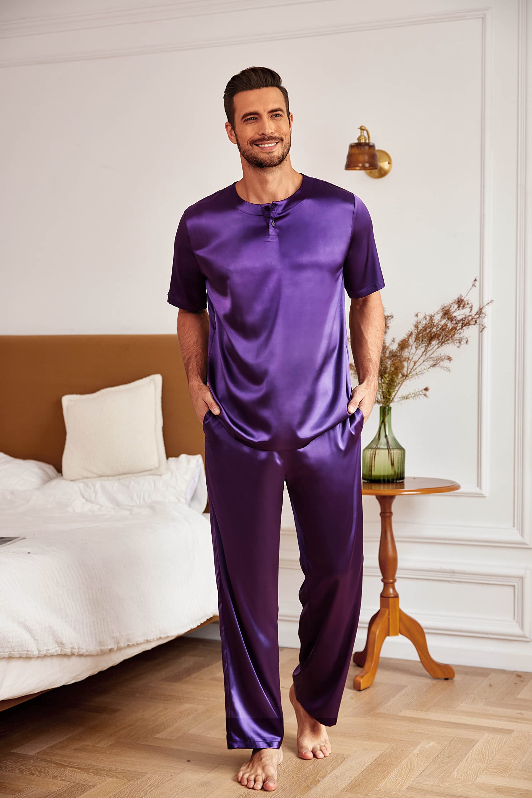 Ekouaer Men Satin Pajamas Set Round Neck Short Sleeve Night Shirt Long Pants with Elastic Waistband Silk Pj Set Purple Small