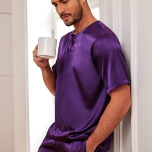 Ekouaer Men Satin Pajamas Set Round Neck Short Sleeve Night Shirt Long Pants with Elastic Waistband Silk Pj Set Purple Small