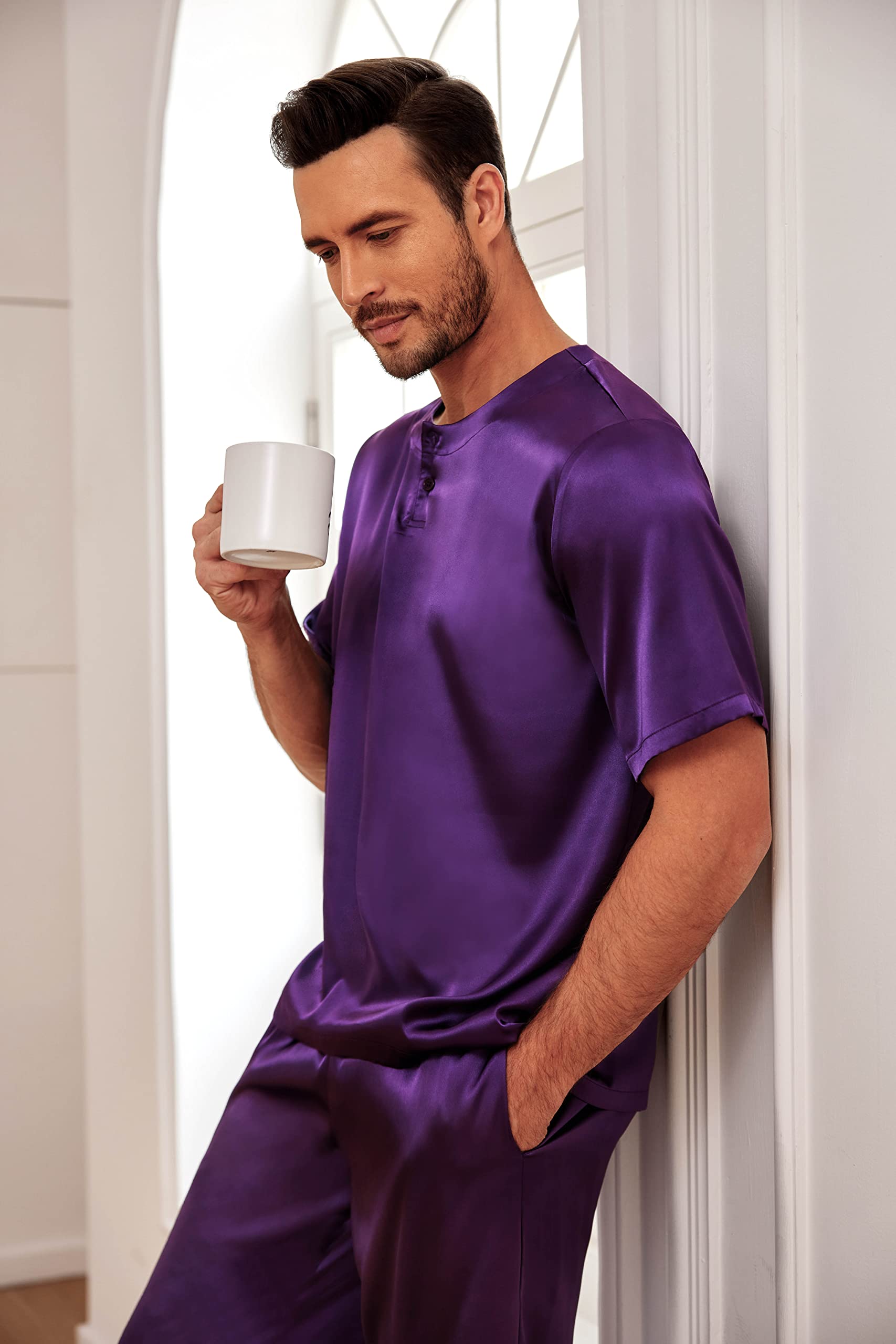 Ekouaer Men Satin Pajamas Set Round Neck Short Sleeve Night Shirt Long Pants with Elastic Waistband Silk Pj Set Purple Small