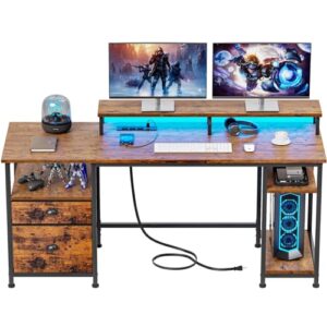 furologee 61" computer desk with power outlet and usb ports, large desk with shelves and drawer, writing study desk with fabric file cabinet and long monitor stand, gaming desk for home office