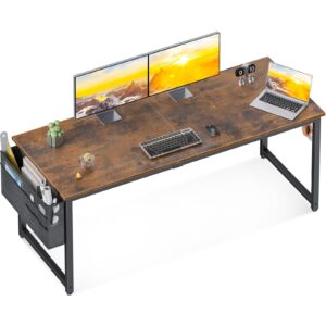 odk computer desk large office desk, 63 inch writing desk with storage, modern pc desk work table with headphone hook for home office, spliced tabletop, rustic brown