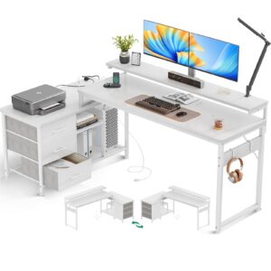 aodk 70 inch l shaped computer desk with power outlets & usb charging ports, reversible l-shaped corner desk with drawers & monitor stand, home office workstation with storage cabinet, white