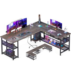 odk 66" l shaped desk with power outlet and usb charging ports, reversible l shaped computer desk with storage shelves, home office desk, gaming desk, corner desk, grey oak