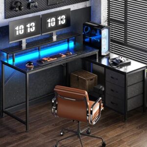 huuger reversible l shaped computer desk with drawers, gaming desk with led lights and power outlets, office desk with storage shelves, for home & office, black