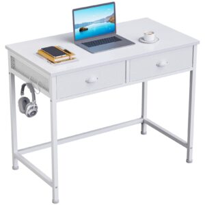 furologee white small computer desk with 2 fabric drawers, 36 inch simple home office writing desk, vanity desk with hooks, study desk for bedroom small spaces