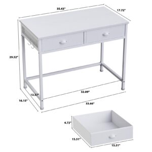 Furologee White Small Computer Desk with 2 Fabric Drawers, 36 Inch Simple Home Office Writing Desk, Vanity Desk with Hooks, Study Desk for Bedroom Small Spaces