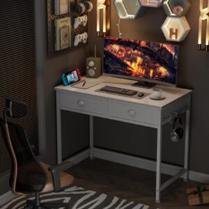 Furologee White Small Computer Desk with 2 Fabric Drawers, 36 Inch Simple Home Office Writing Desk, Vanity Desk with Hooks, Study Desk for Bedroom Small Spaces