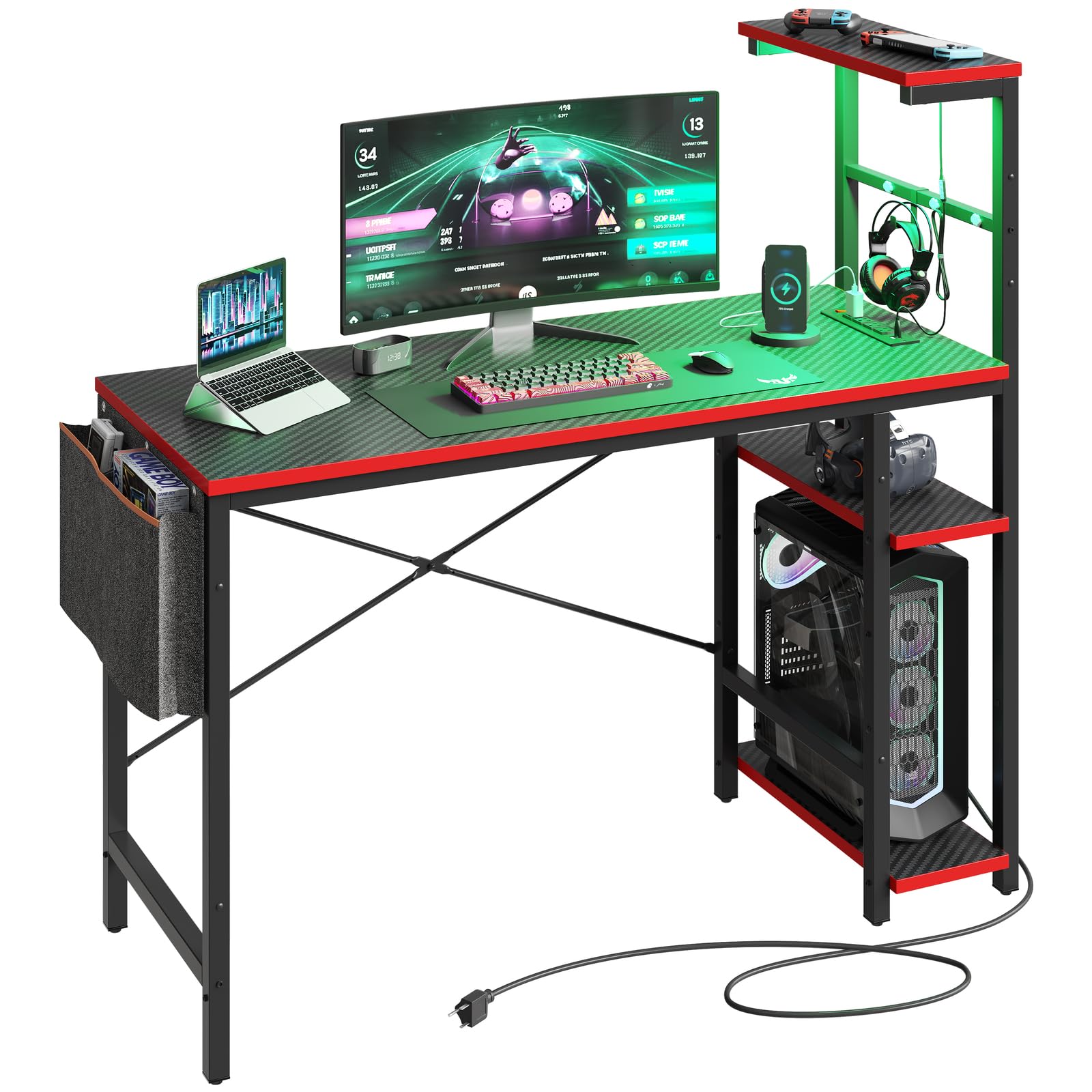 Bestier Gaming Desk with Power Outlets, 44 Inch Led Gamer Desk with 4 Tiers Reversible Shelves, PC Gaming Table with Headset Hook & Side Storage Bag for Bedroom (Black 3D Carbon Fiber)