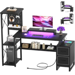 computer desk with 2 fabric drawers - reversible home office desk with power outlet & led lights, 53" writing desk with monitor stand & storage shelves, gaming desk study table with pegboard, black