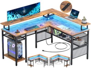 unikito l shaped desk with led light and power outlet, reversible corner computer table with monitor stand and storage shelf, modern l- shaped gaming desk, ergonomic home office desk, rustic brown