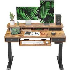 FEZIBO Height Adjustable Electric Standing Desk with 4 Drawers and keyboard tray, 48 x 24 Inch Table with Storage Shelf, Sit Stand Desk with Splice Board, Rustic Brown