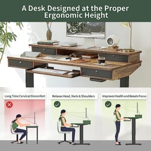 FEZIBO Height Adjustable Electric Standing Desk with 4 Drawers and keyboard tray, 48 x 24 Inch Table with Storage Shelf, Sit Stand Desk with Splice Board, Rustic Brown