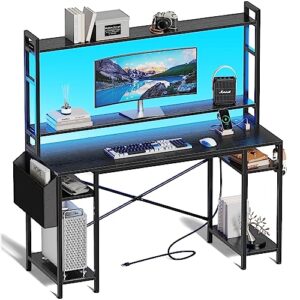 huuger 55 inch computer desk with adjustable shelves, gaming desk with led lights & power outlets, home office desk with monitor stand, hooks & cpu stand, black