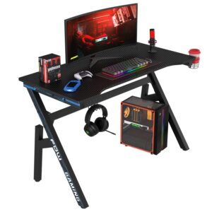 bestoffice gaming desk computer desk 47"x 23" home office desk extra large modern ergonomic black pc carbon fiber table gamer workstation with cup holder headphone hook,blue