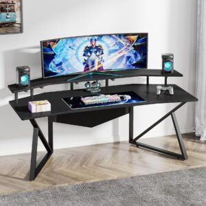 tribesigns computer desk, 70.9" large home office desk with monitor stand, modern wing-shaped gaming studio desk study table workstation for live, streamer, black