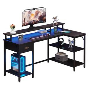 shintenchi 50" l shaped computer desk with 3-tier storage shelves & drawer, reversible gaming desk with monitor stand & 32 colors led lights, modern study workstation for home office, black