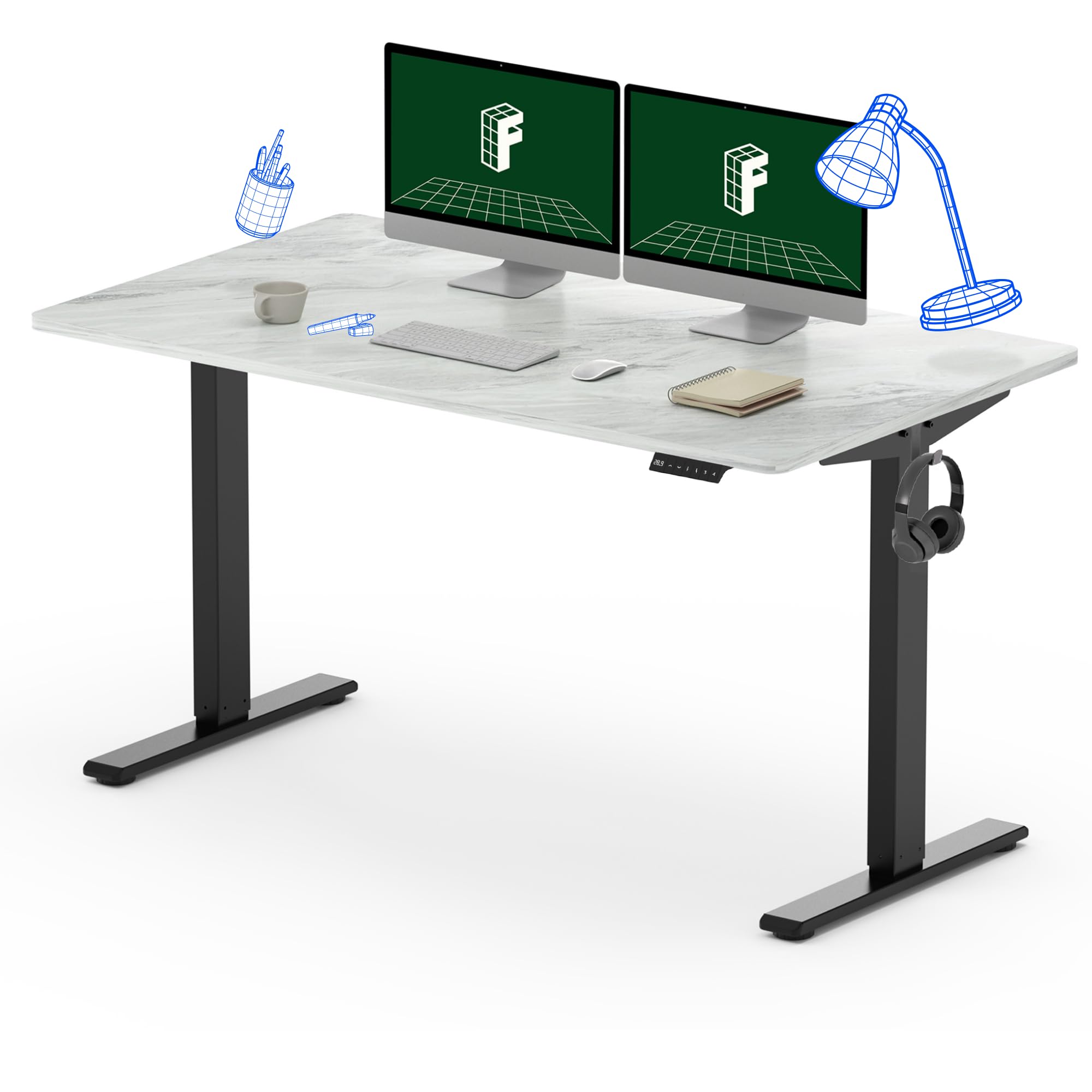 FLEXISPOT EN1 Height Adjustable Standing Desk 55 x 28 Inches Whole-Piece Desktop Electric Stand Up Desk Ergonomic Memory Controller (Black Frame + 55" Marble Grey Top, 2 Packages)