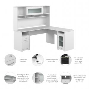 Bush Furniture Cabot L Shaped Computer Desk with Hutch and Storage, 72W, White