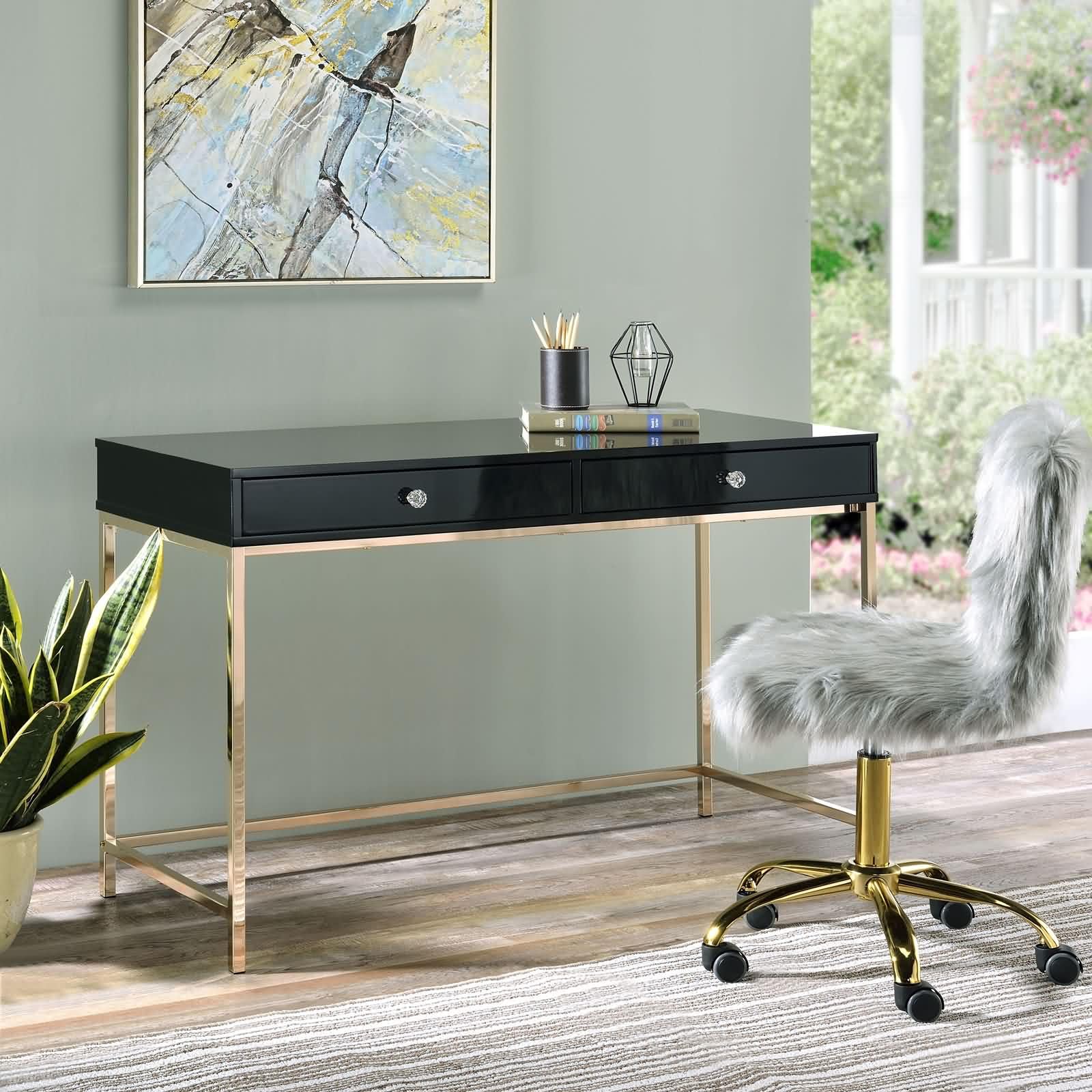 Daesar Computer Writing Desk with Two Drawer, Black High Gloss & Gold Finish