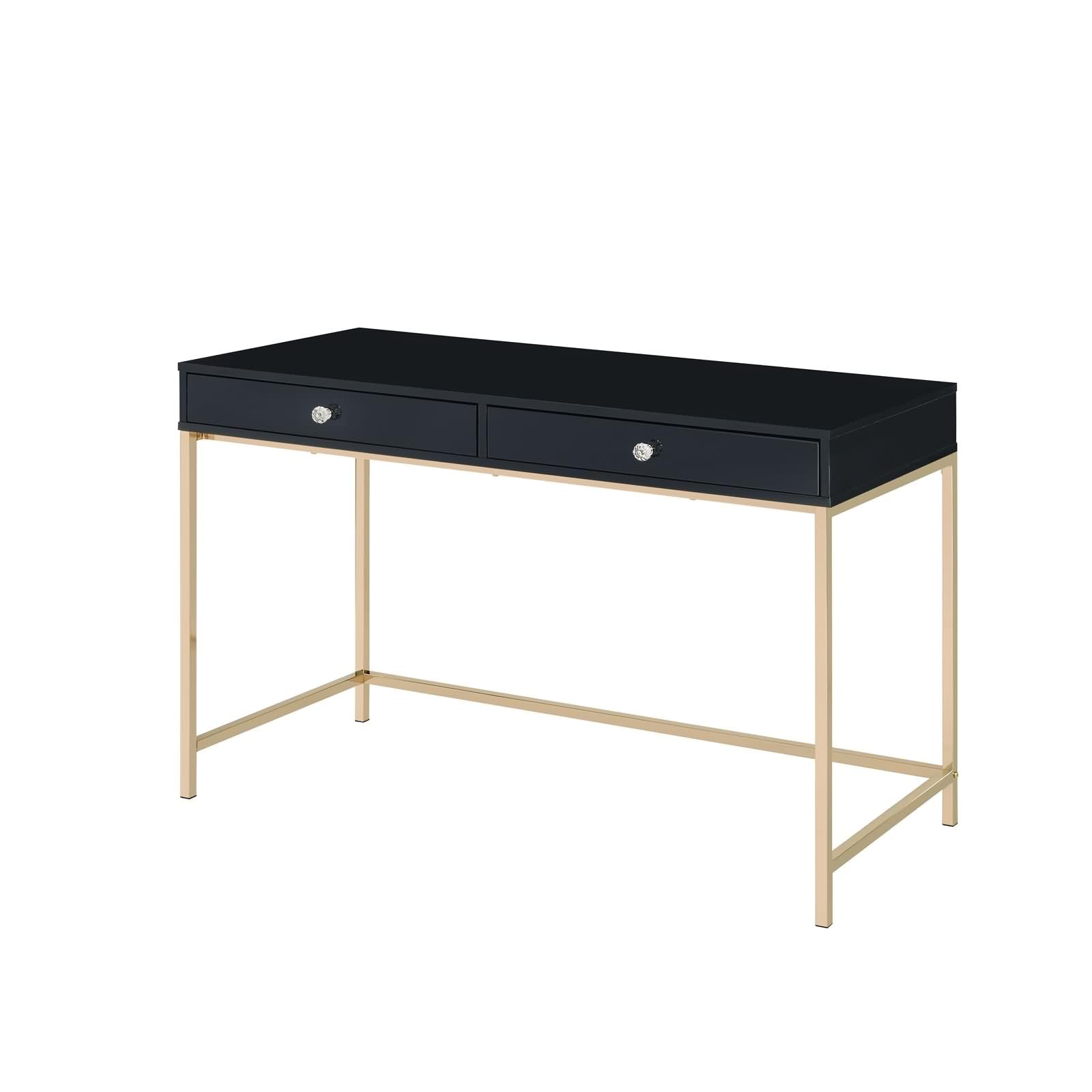 Daesar Computer Writing Desk with Two Drawer, Black High Gloss & Gold Finish