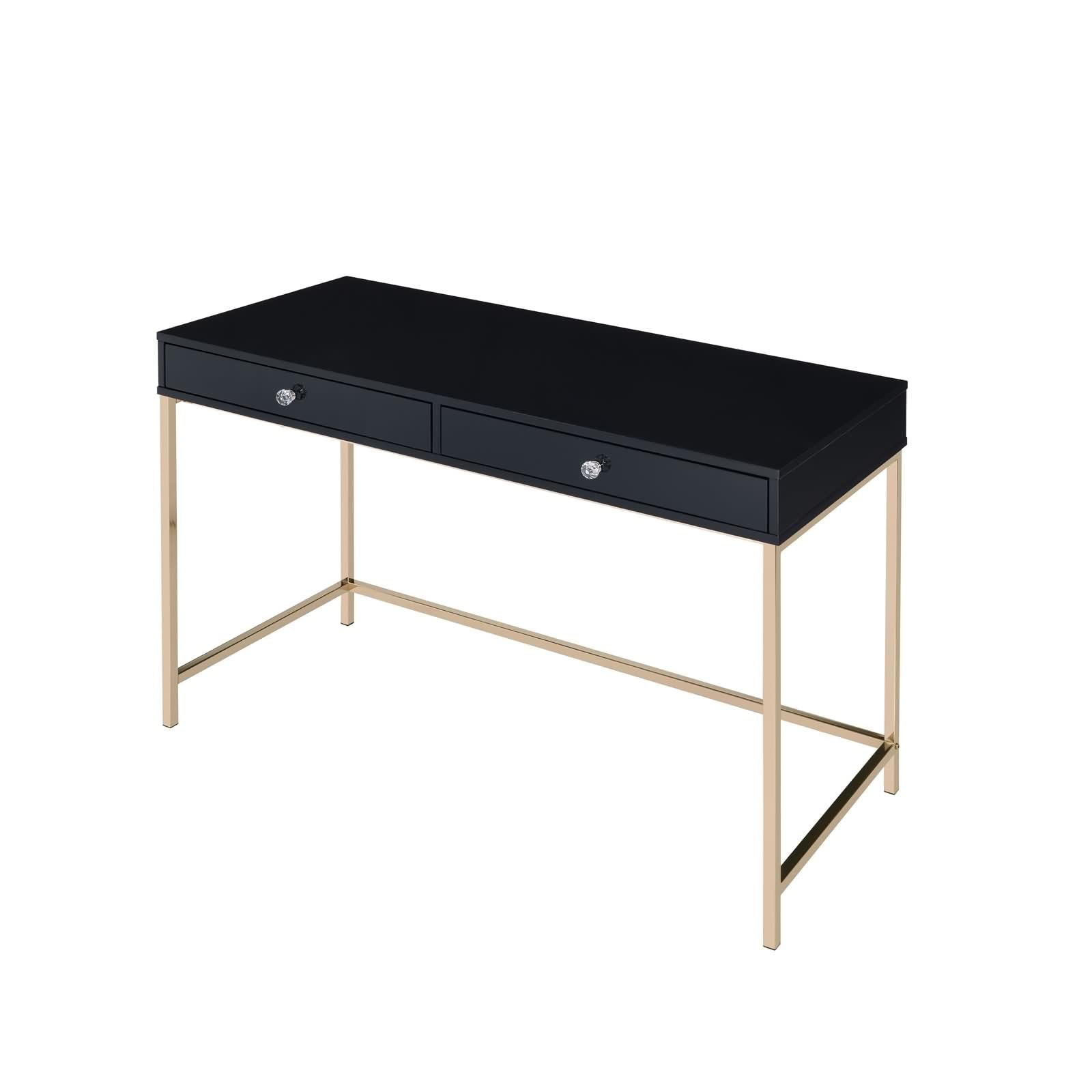 Daesar Computer Writing Desk with Two Drawer, Black High Gloss & Gold Finish