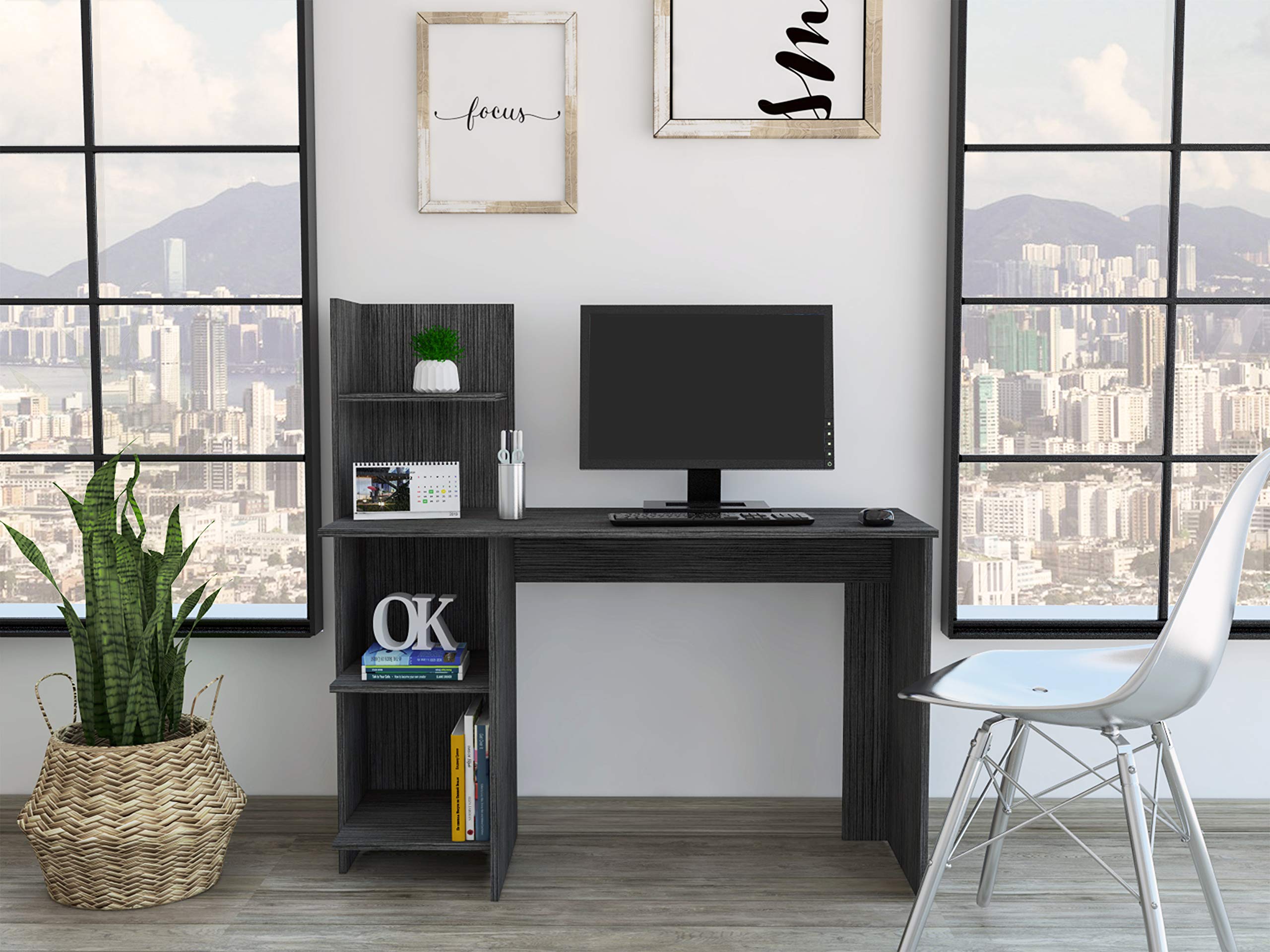 Aoyom 120 Computer Desk, Four Shelves -Smokey Oak