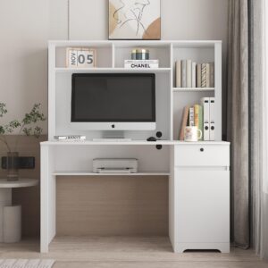 holaki computer desk with hutch & bookshelf,wood executive desk teens student desk writing laptop home office desk with drawers,3 ac outlets and 2 usb charging ports,study laptop table for home(white)