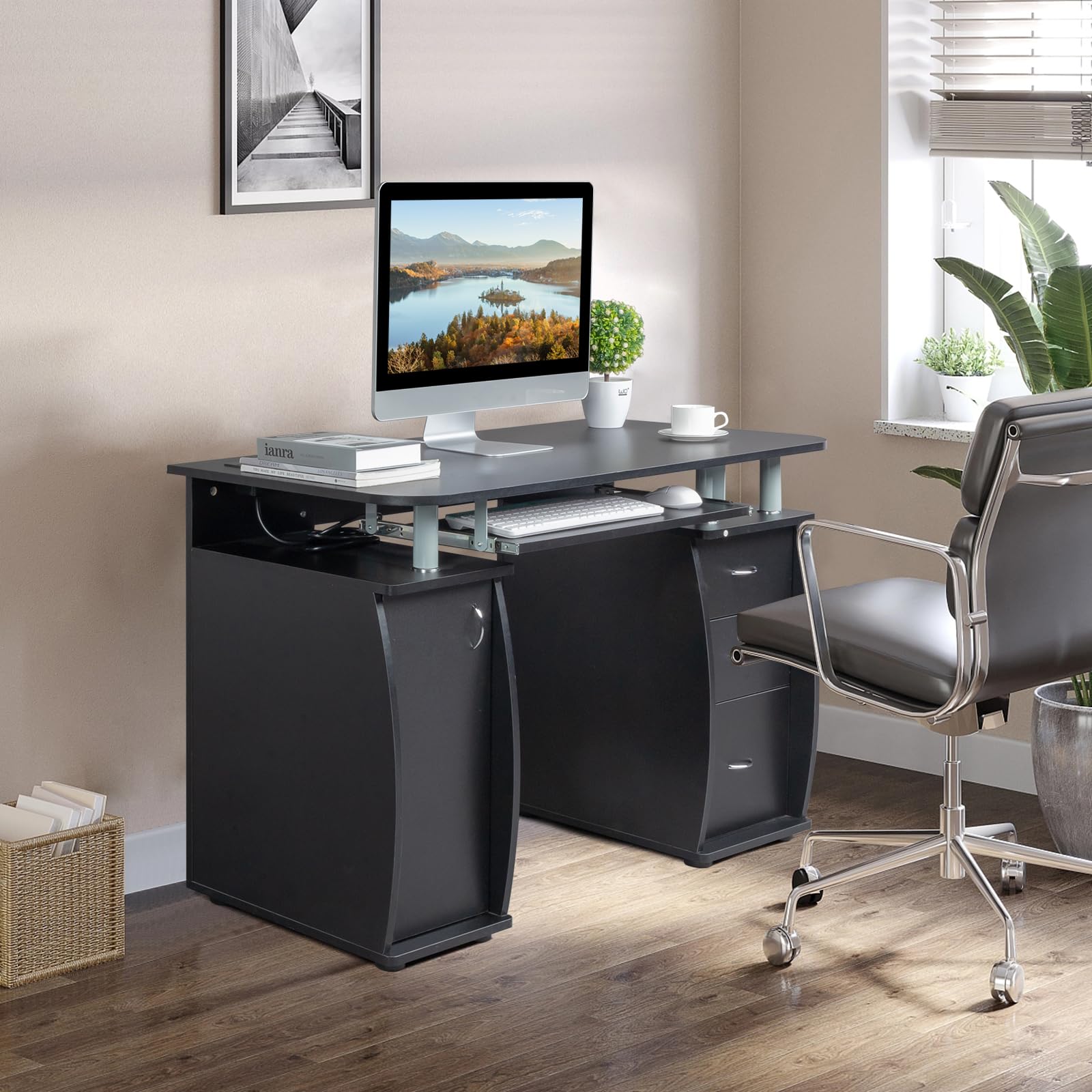 AHUMPALY Durable MDF Computer Desk with Door and 3 Drawers for Home Office Convenience and Style