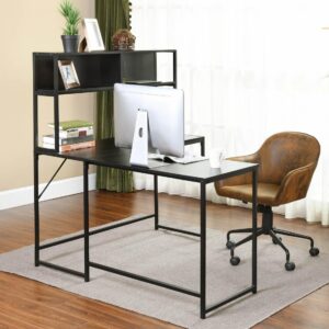 RIDFY Industrial L-Shaped Desk with Hutch, Reversible Corner Computer Desk with Storage Shelves, Home Office Study Writing Desk Computer Workstation with Storage Bookshelf, Black