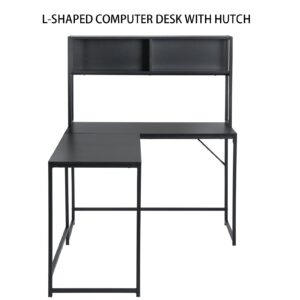 RIDFY Industrial L-Shaped Desk with Hutch, Reversible Corner Computer Desk with Storage Shelves, Home Office Study Writing Desk Computer Workstation with Storage Bookshelf, Black