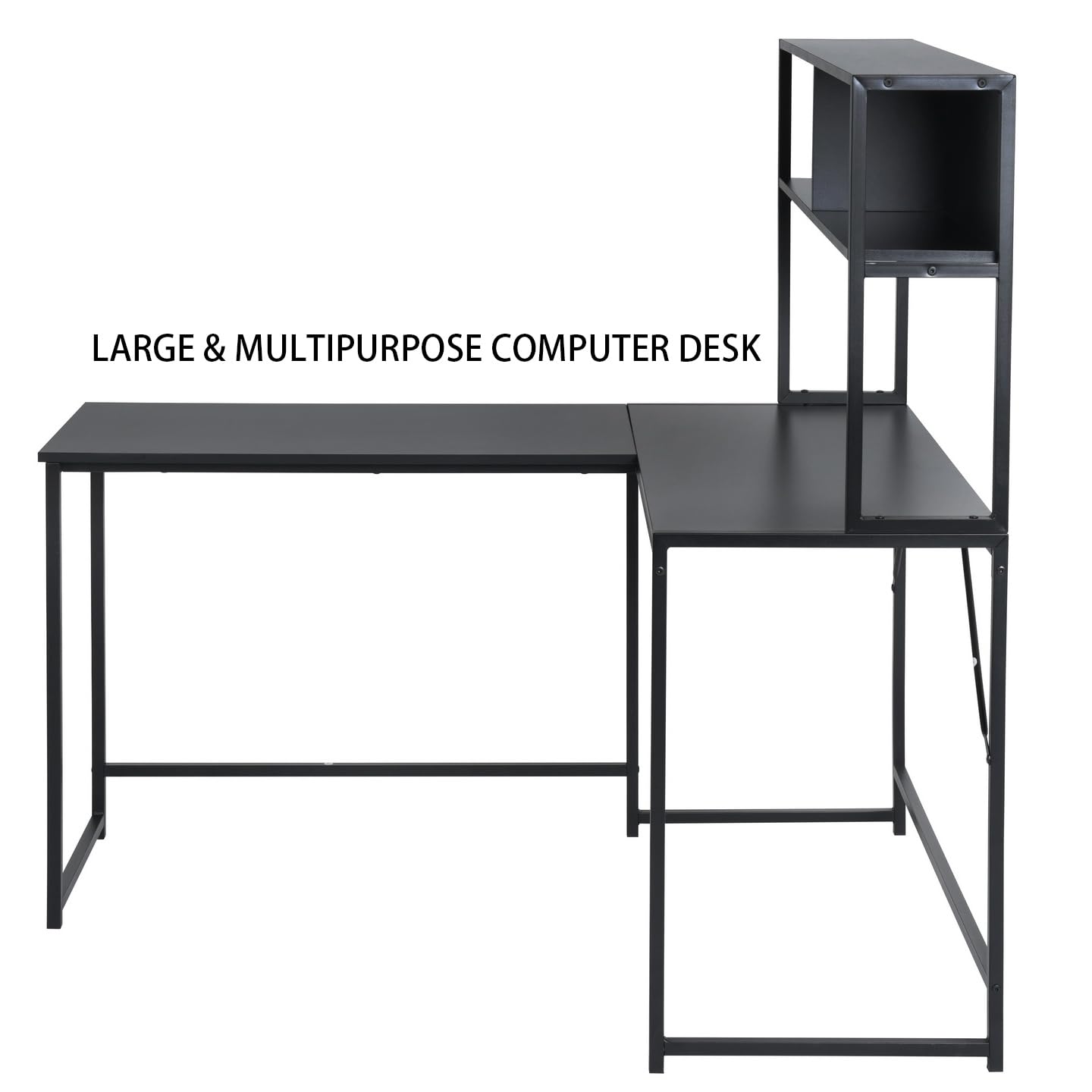 RIDFY Industrial L-Shaped Desk with Hutch, Reversible Corner Computer Desk with Storage Shelves, Home Office Study Writing Desk Computer Workstation with Storage Bookshelf, Black