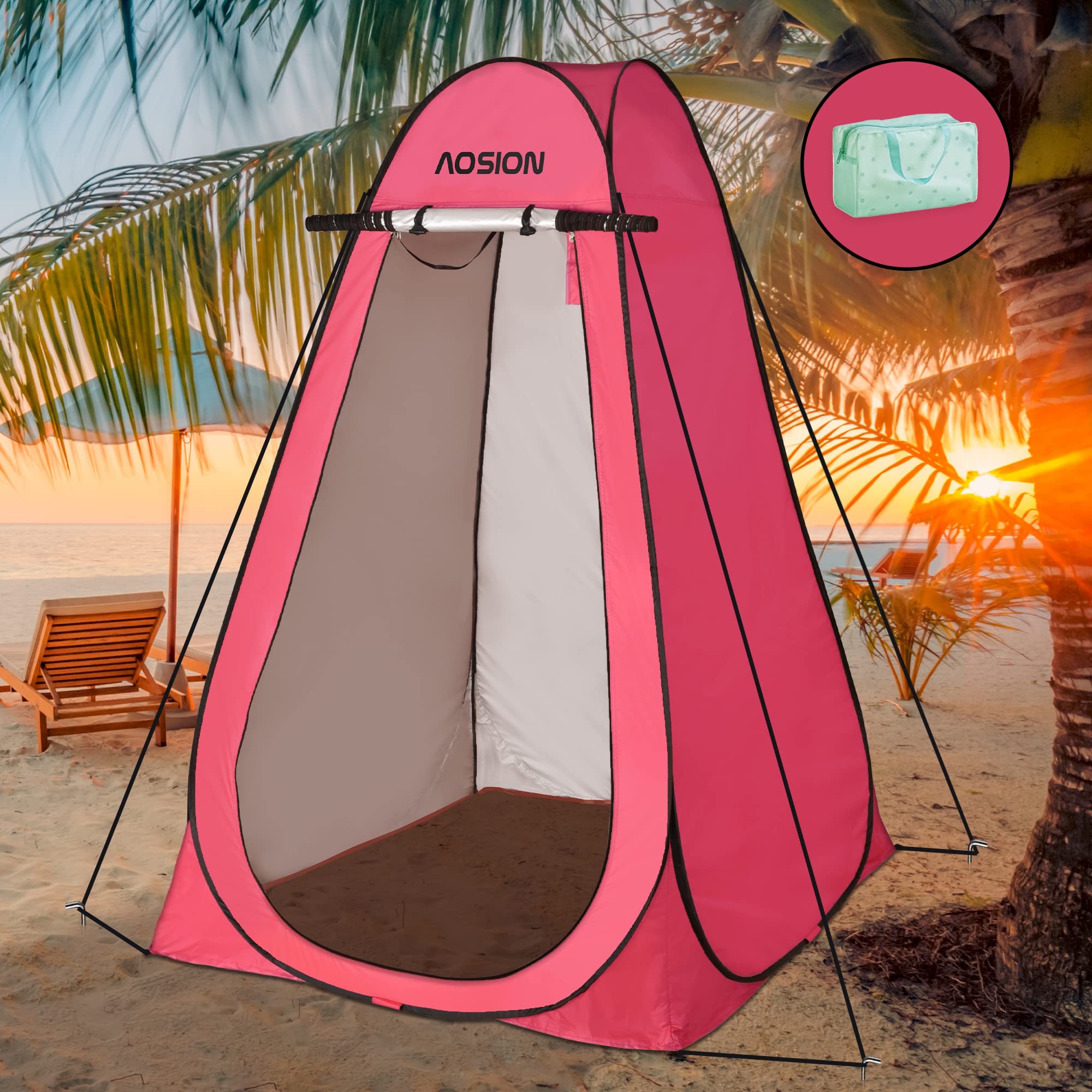 AOSION Privacy Shower Tent,Pop Up Changing Tent,Camp Bathroom Changing Dressing Room,Portable Toilet Tent with Carry Bag for Camping, Beach,Pink.